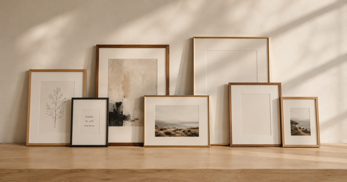 Gallery wall frames — sizes, mat depth, mixing guide